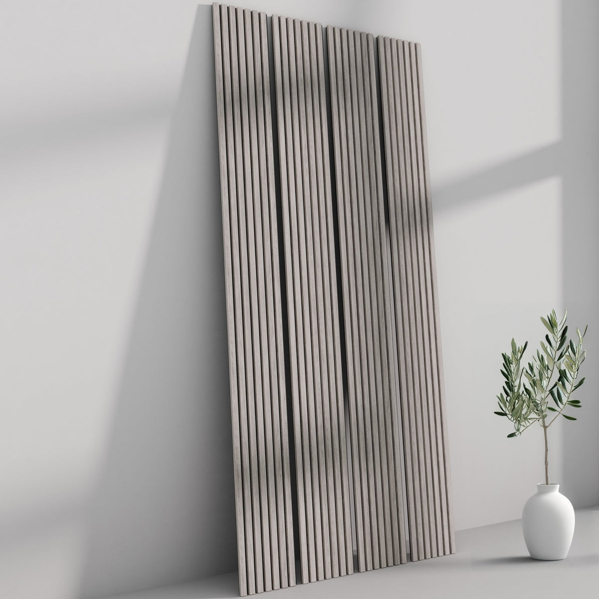 Grey Oak Acoustic Slat Wall Panel – Solid Wood, 3-Sided Veneer
