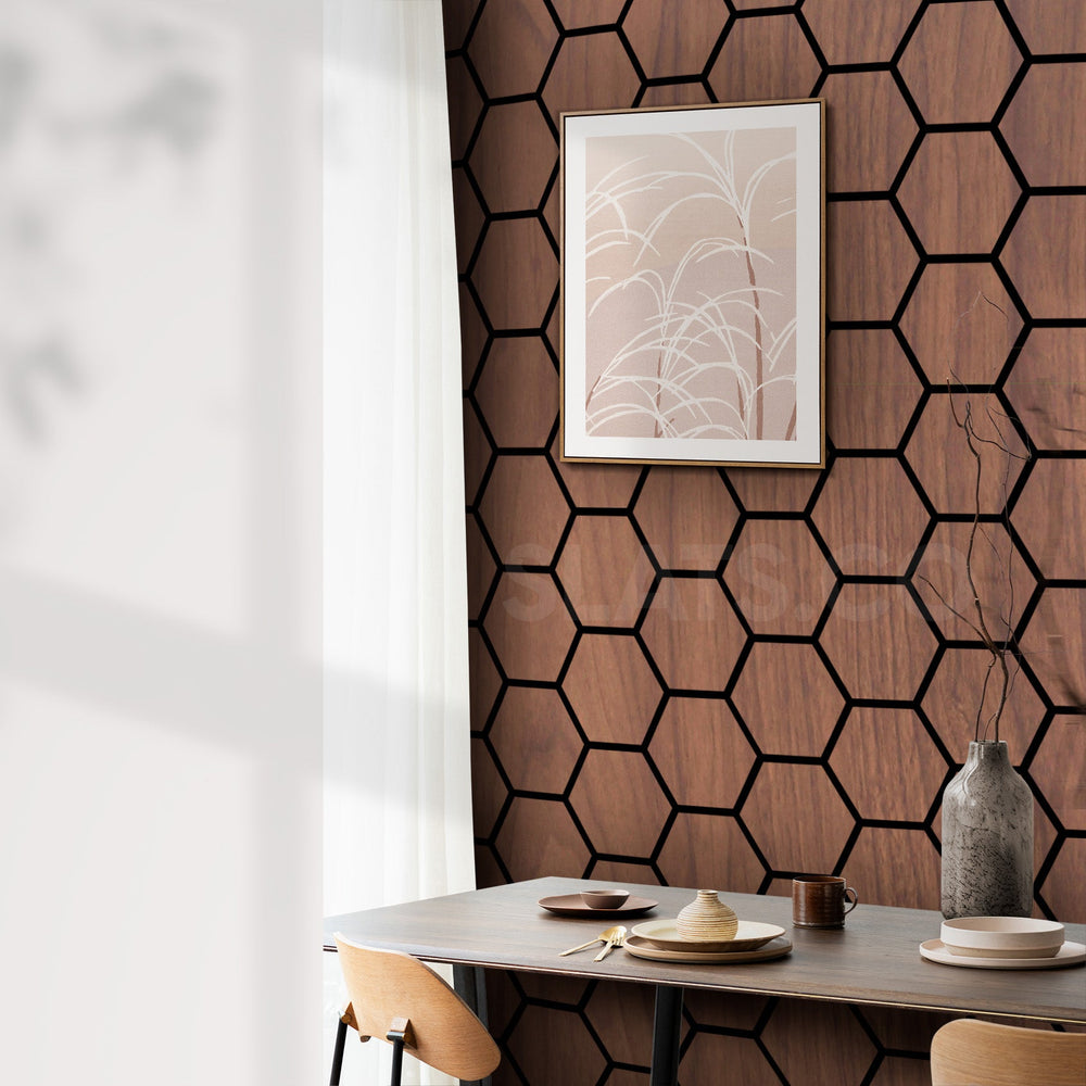 Walnut Acoustic Hexagon Wood Panel with Black Felt Backing