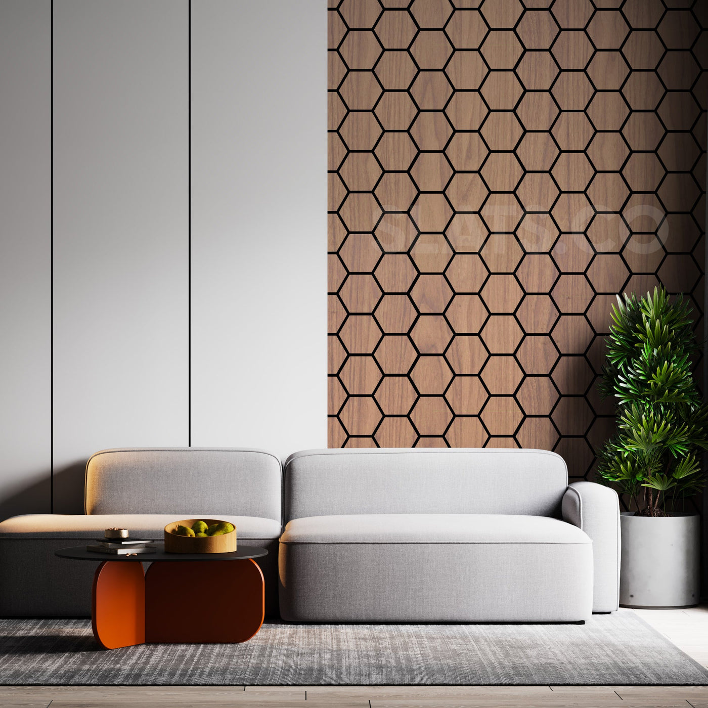 Walnut Acoustic Hexagon Wood Panel with Black Felt Backing