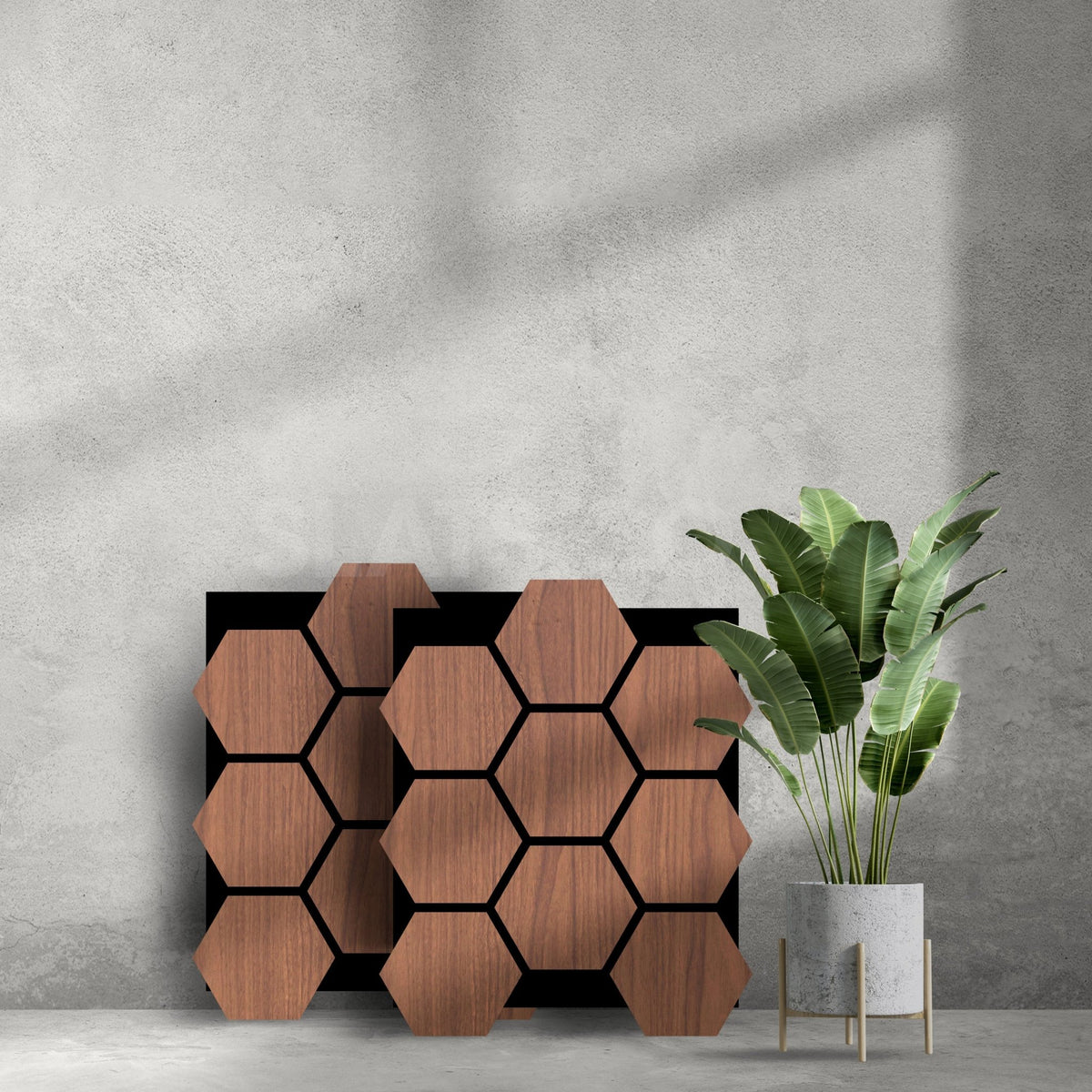 Walnut Acoustic Hexagon Wood Panel with Black Felt Backing